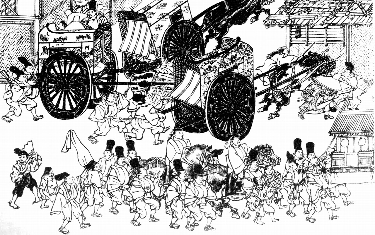 Shrine functionaries carrying one of the three mikoshi portable shrines ...